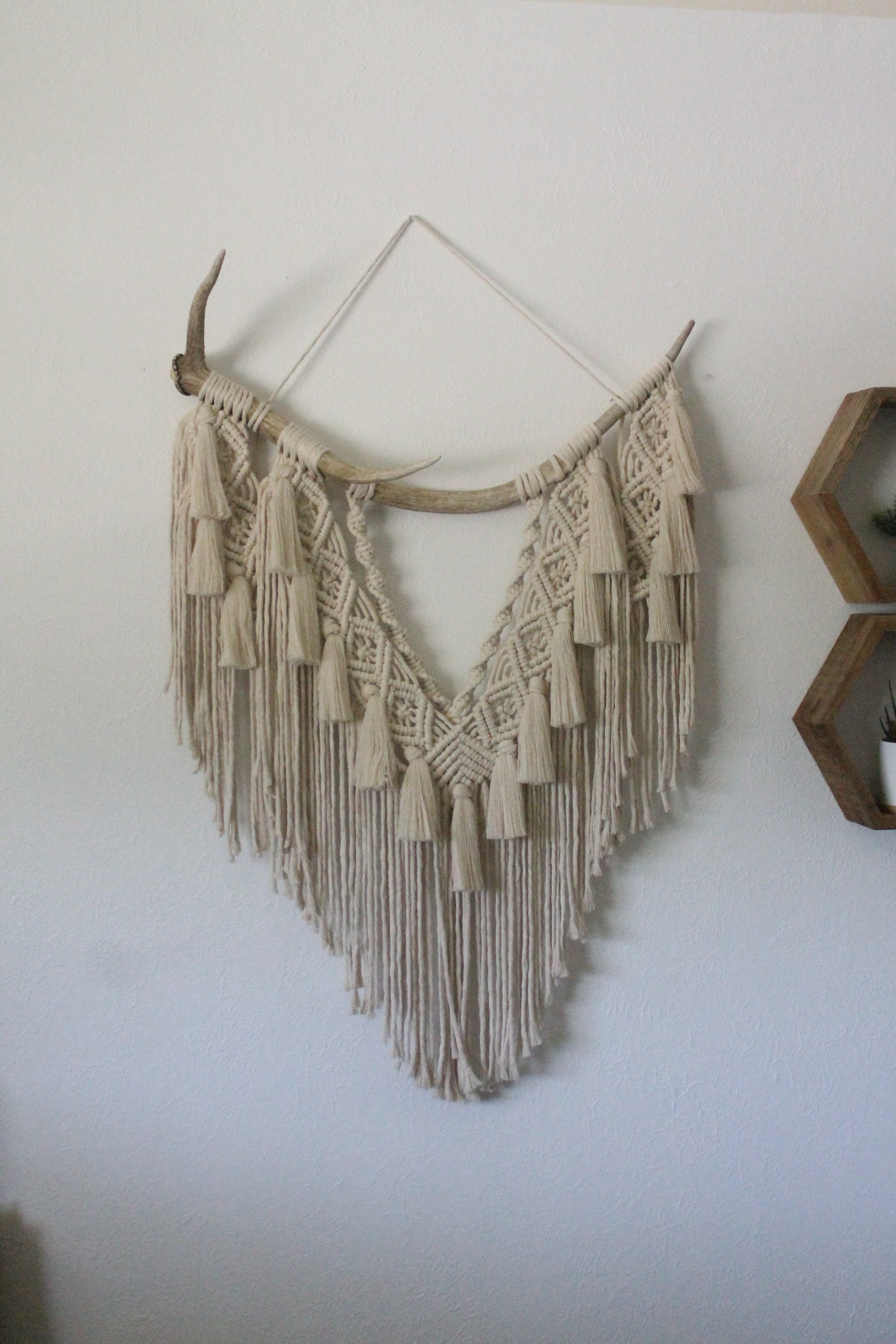 Elk antler macrame wall hanging wall art boho genuine | Etsy