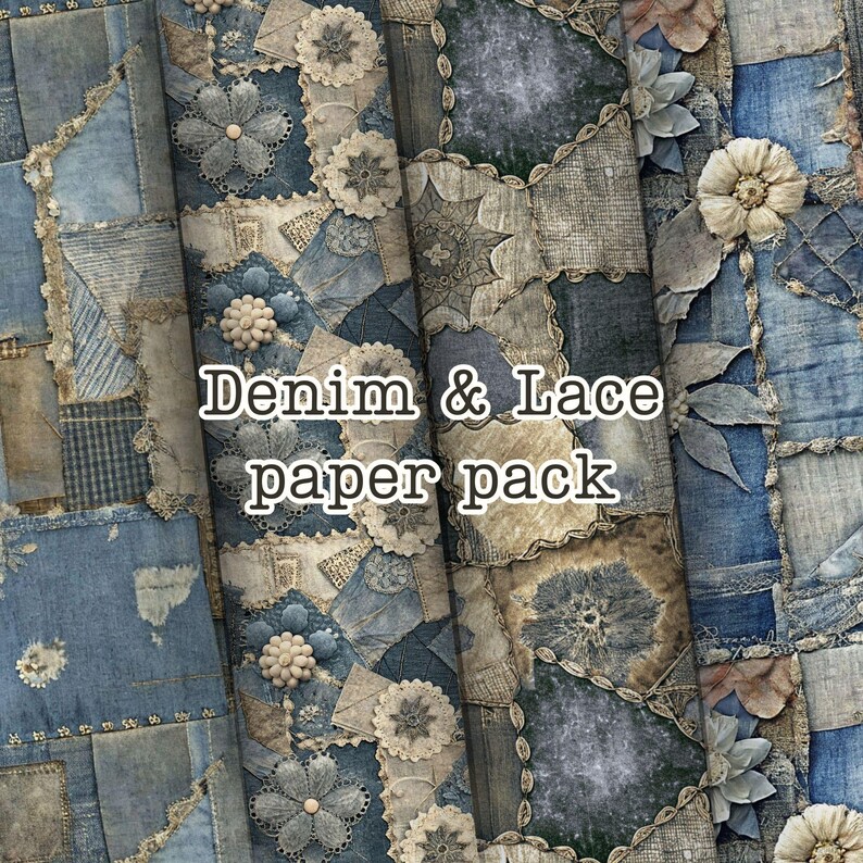 20 Denim Lace Scrapbook Paper and 20 Seamless Pattern Repeat Patchwork ...