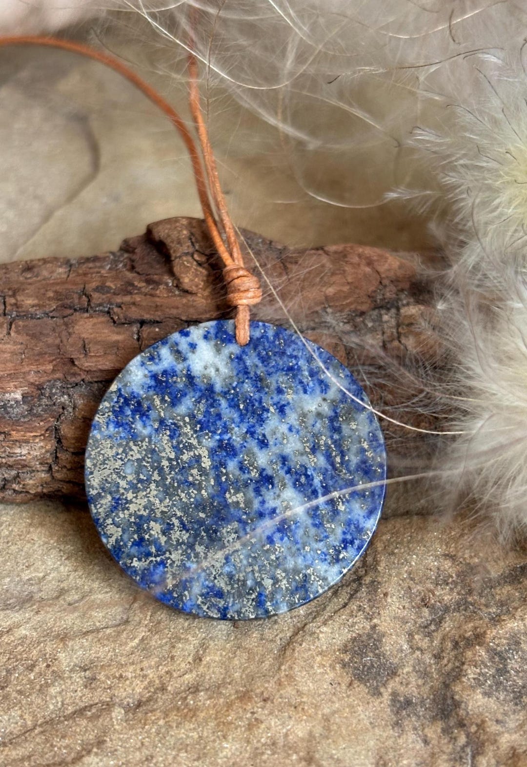 Large Round Lapis Lazuli and Leather Necklace, Minimalist, Leather ...