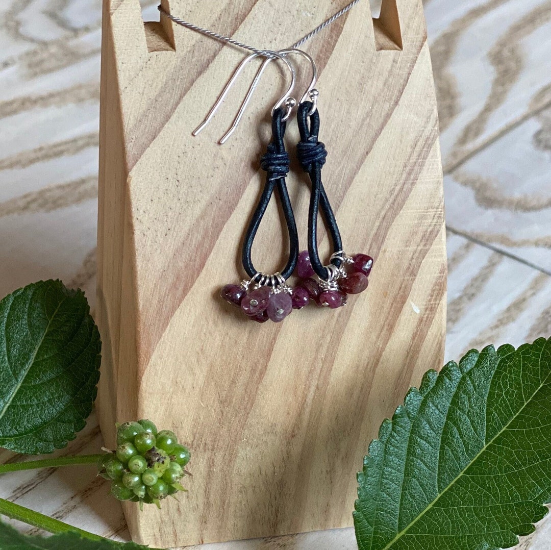 Black Leather and Ruby Earrings With Sterling Silver Ear Wires, July ...