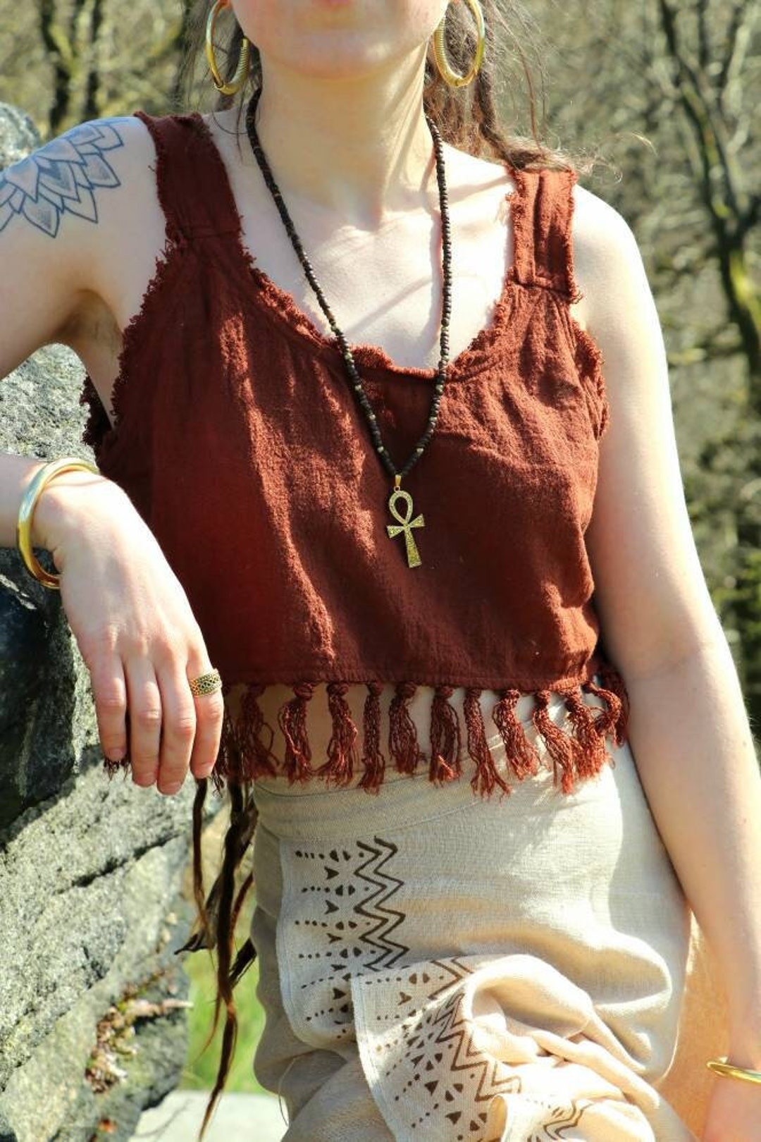 Tassel Earthy Crop Top | Raw Cotton | Rust Red | Forest Green - Etsy