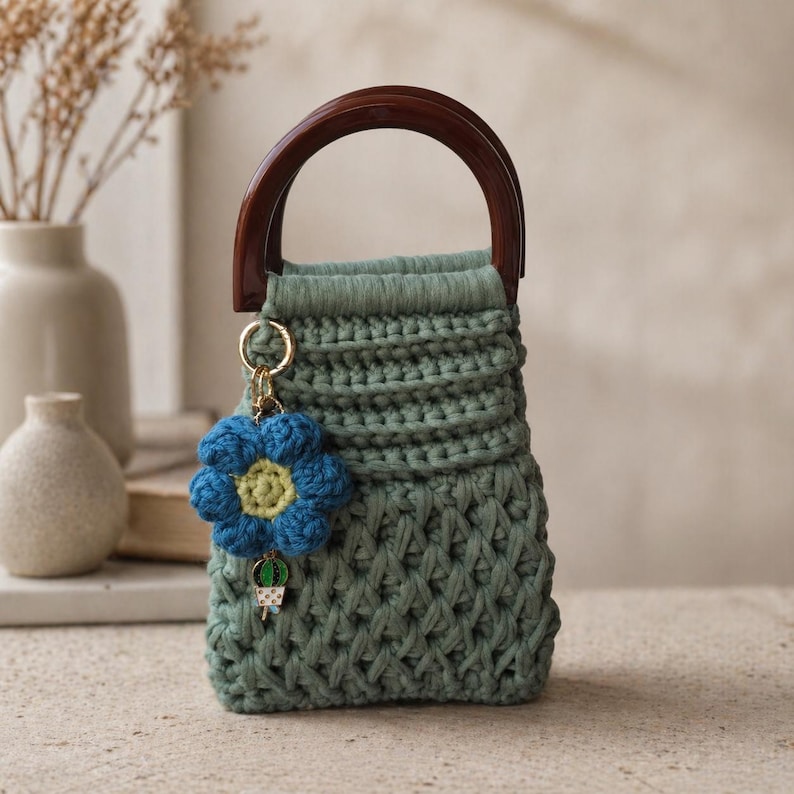 Sage Green Crochet Handbag, Honeycomb Stitch Purse, Cotton Blend Tote ...