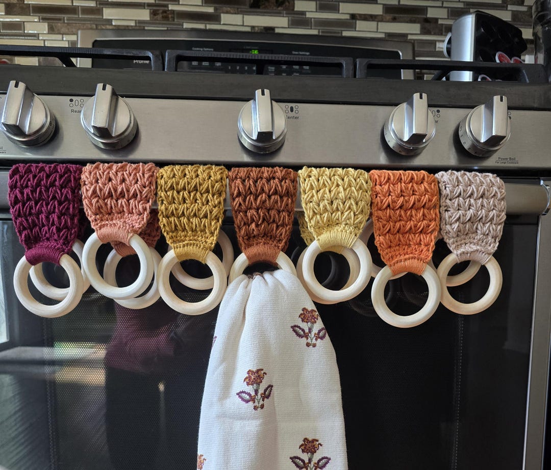 Crocheted Cotton Kitchen Towel Holder With Wooden Rings, Boho Farmhouse ...