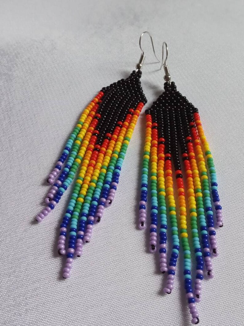 Rainbow Long Beaded Fringe Earrings Colorful Seed Bead Etsy