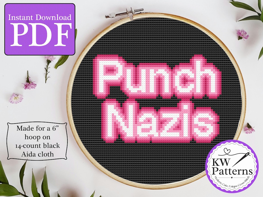 Punch Nazis Neon Pink Letters Cross Stitch Pattern | Political Cross ...