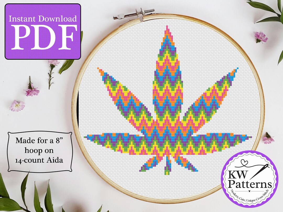 Psychedelic Weed Leaf Cross Stitch Pattern | Cannabis | Marijuana Leaf ...