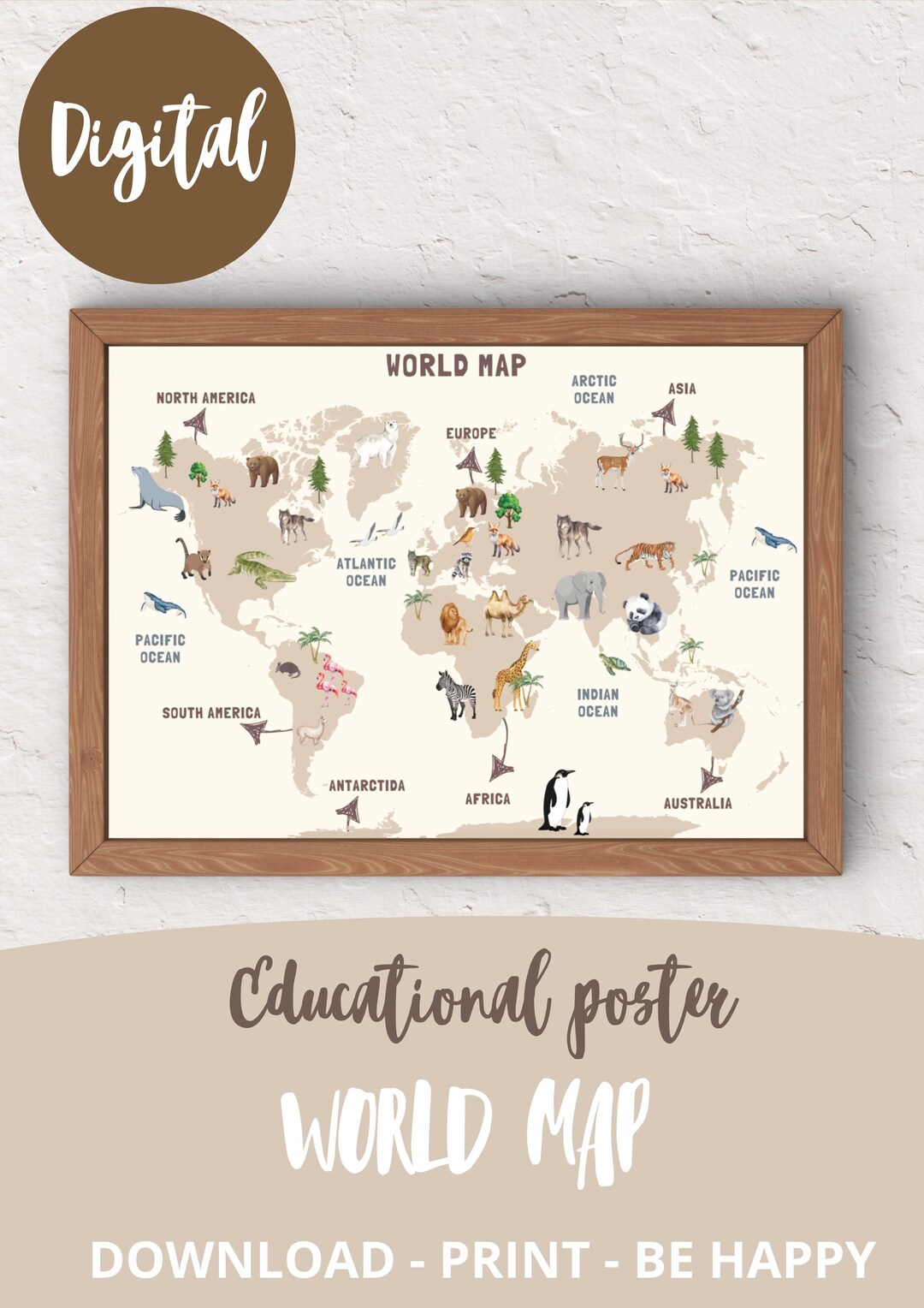 World Map for Kids – Animal World Map Poster A2 Digital Download ...