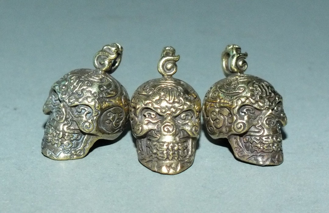 Three Brass Skull Amulets Pendants With Buddhist Inscription for ...