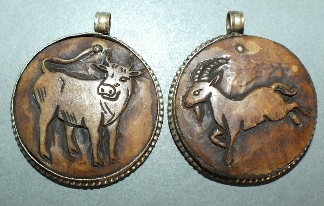 Two Buddhist Bone and Metal Amulets Pendants With Animal Carving Nepal ...
