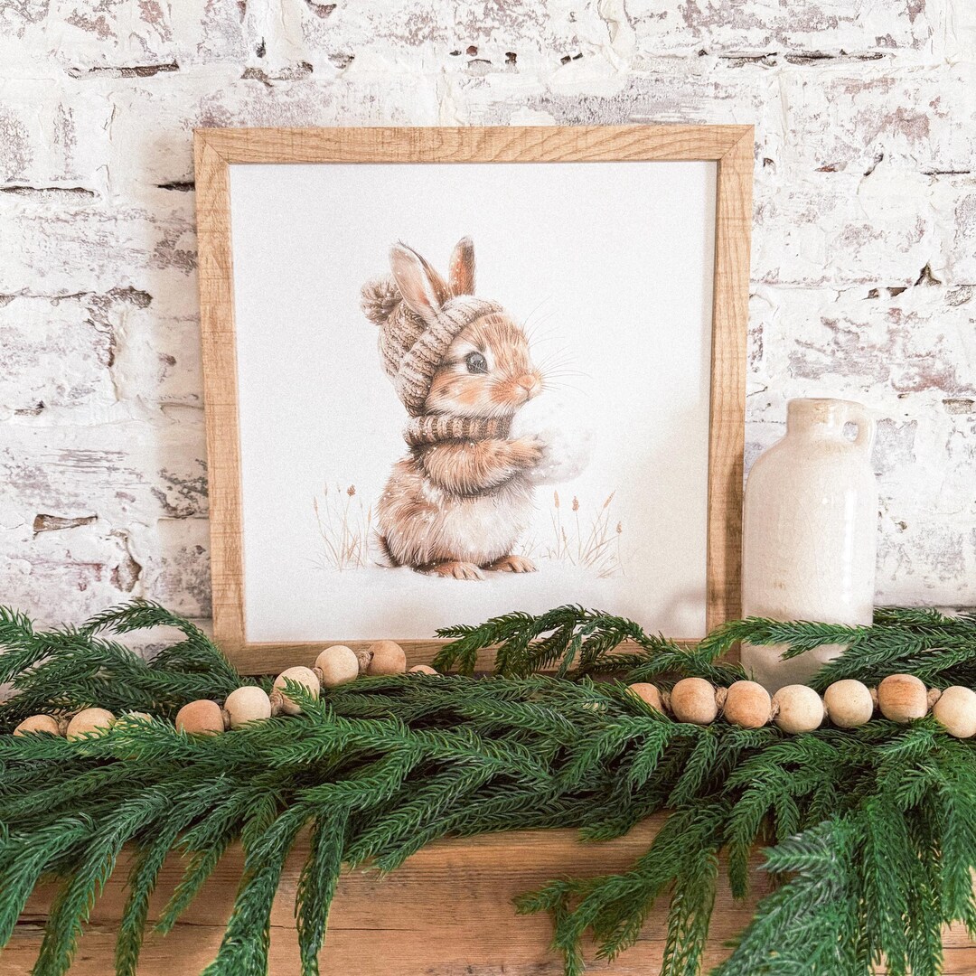 Winter Bunny Farmhouse Wood Sign, Bunny Framed Wall Art, Winter Wall ...