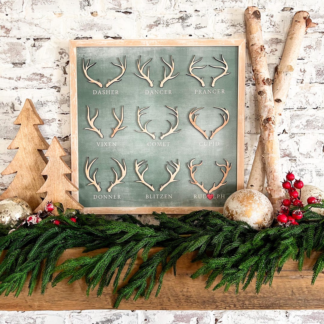 Reindeer Names Sign, Reindeer Antlers Framed Wood Sign, Christmas Decor ...