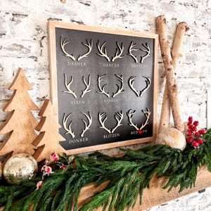 Reindeer Names Sign, Reindeer Antlers Framed Wood Sign, Christmas Decor ...