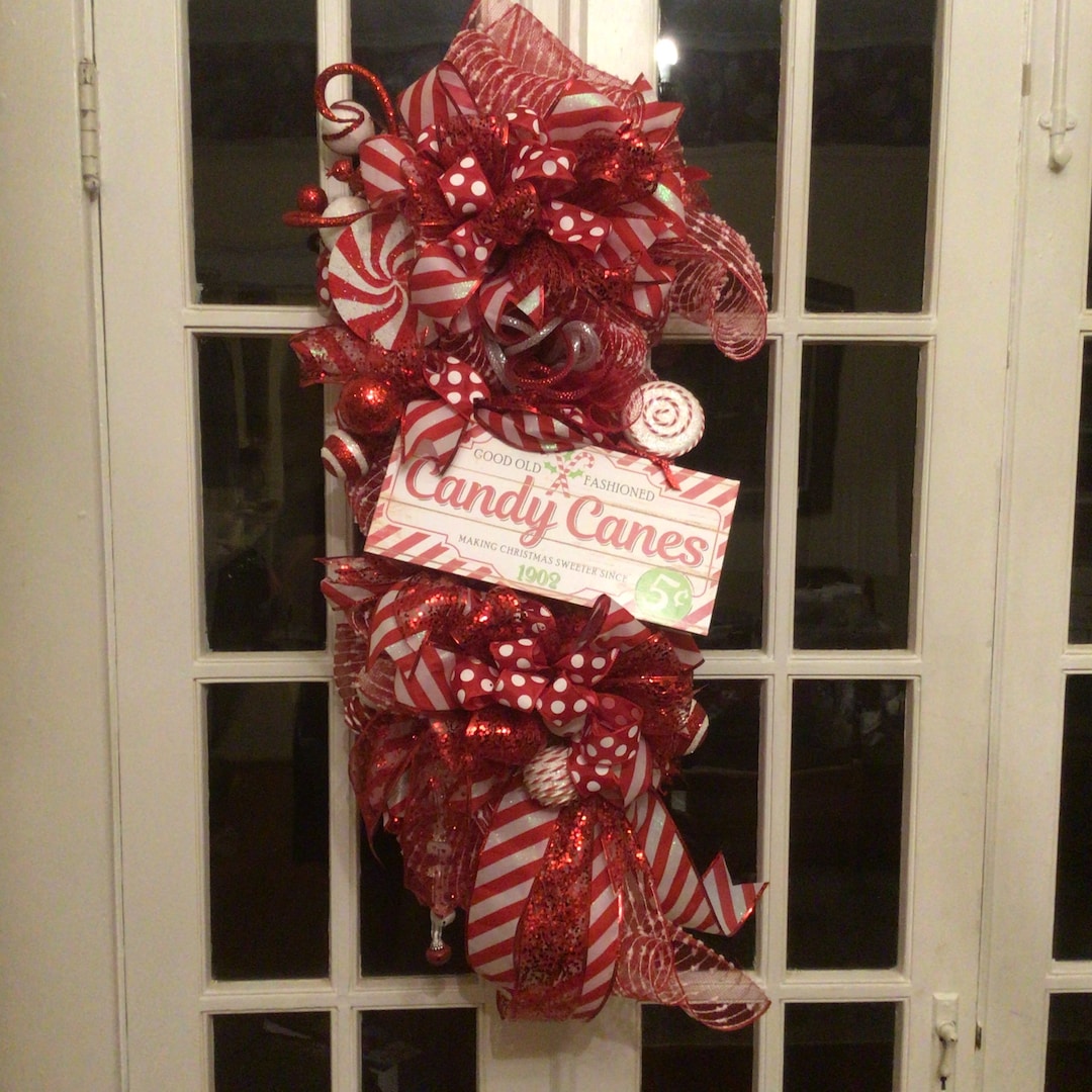 Candy Cane Door Decor, Candy Cane Swag, Candy Cane Wreath, Holiday ...