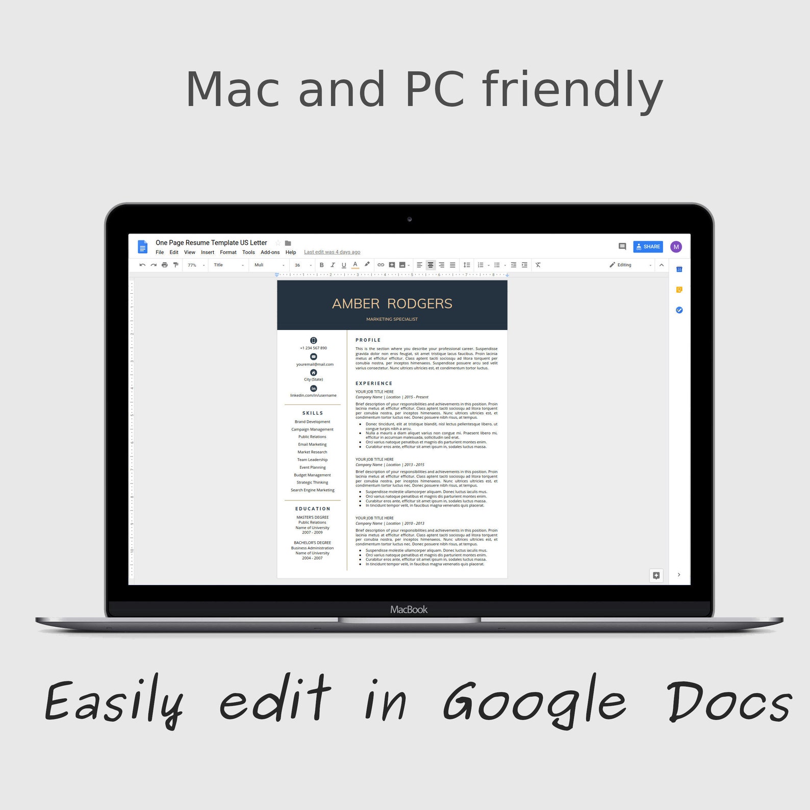 Google Docs Resume Template Google Docs CV Template Cover Letter Google ...