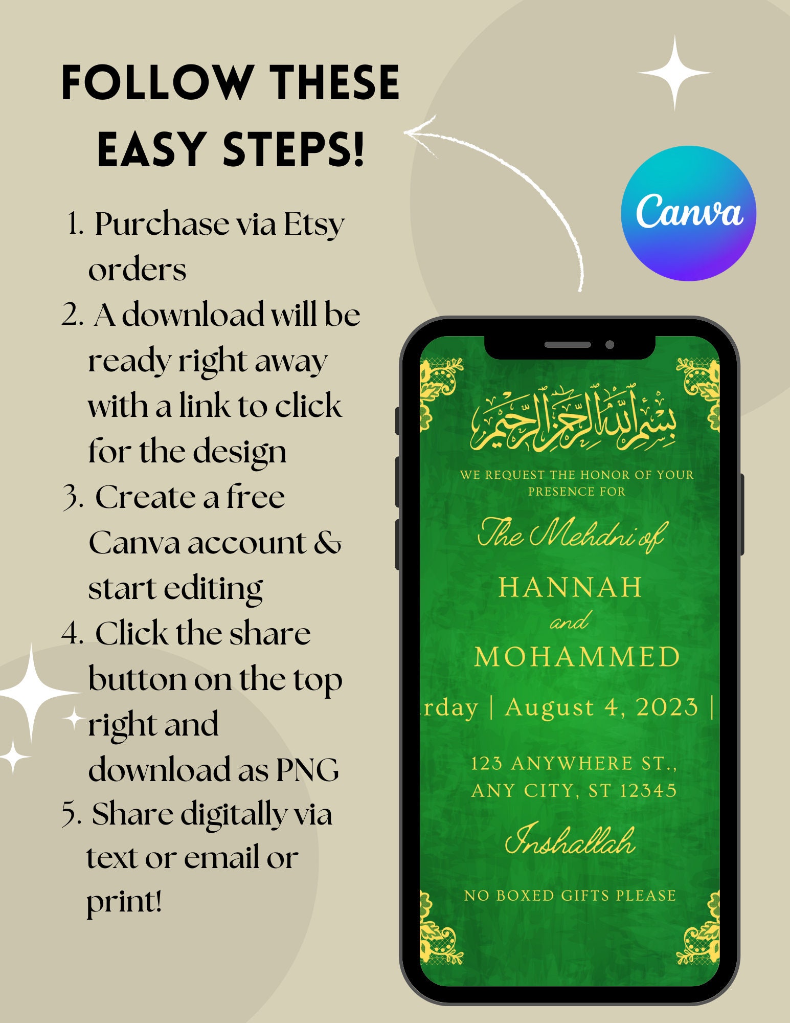 Set of 4 Digital Muslim Wedding Invitation Template, Mehndi Save the ...