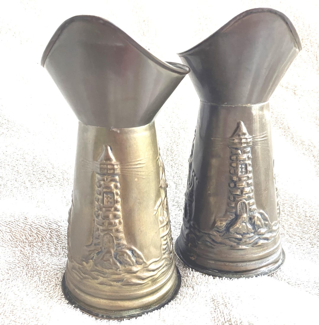 Vintage Nautical Brass Pitchers – Colonial Ships, Lighthouse Decor ...