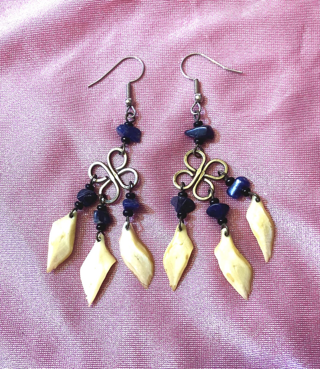 UNIQUE - GAR FISH Scales Earrings, Dark Blue Shaped Beads, Dangle From ...
