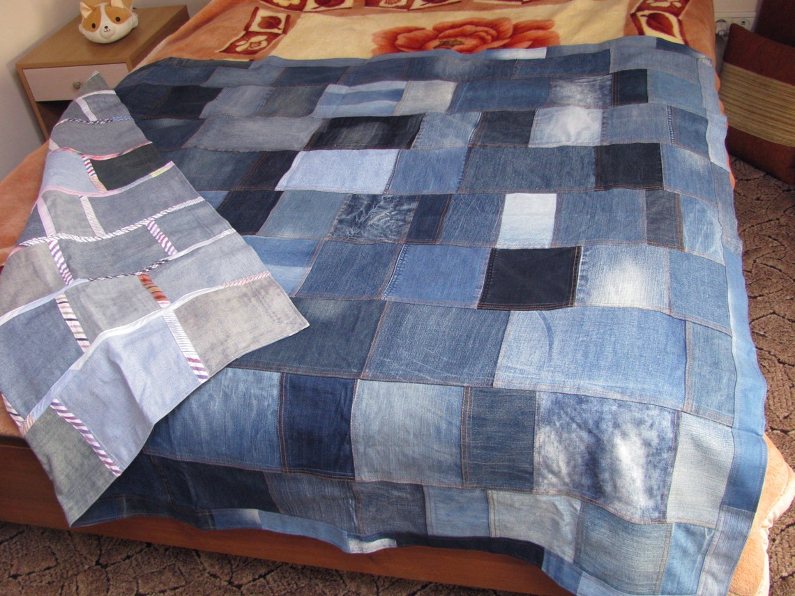 One Layer Denim Patched Throw, Reversal Jeans Comforter, Repurposed ...