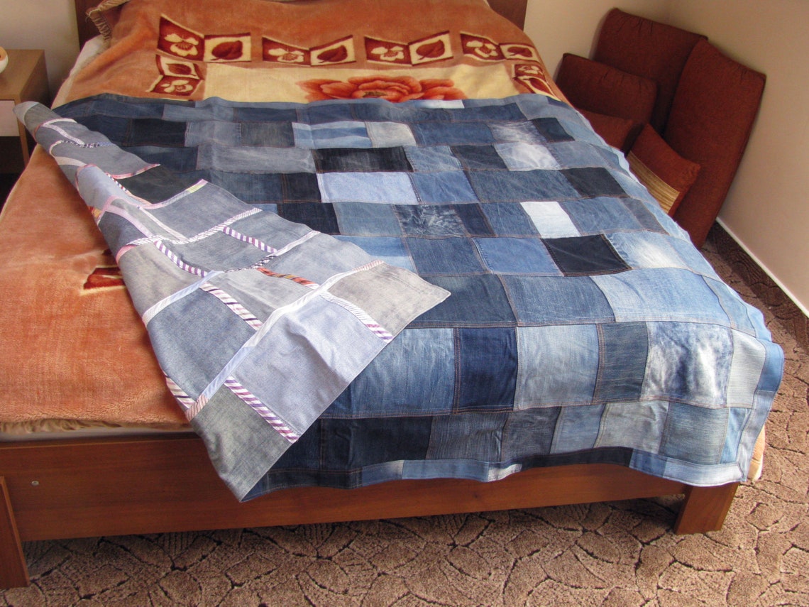 One Layer Denim Patched Throw, Reversal Jeans Comforter, Repurposed ...