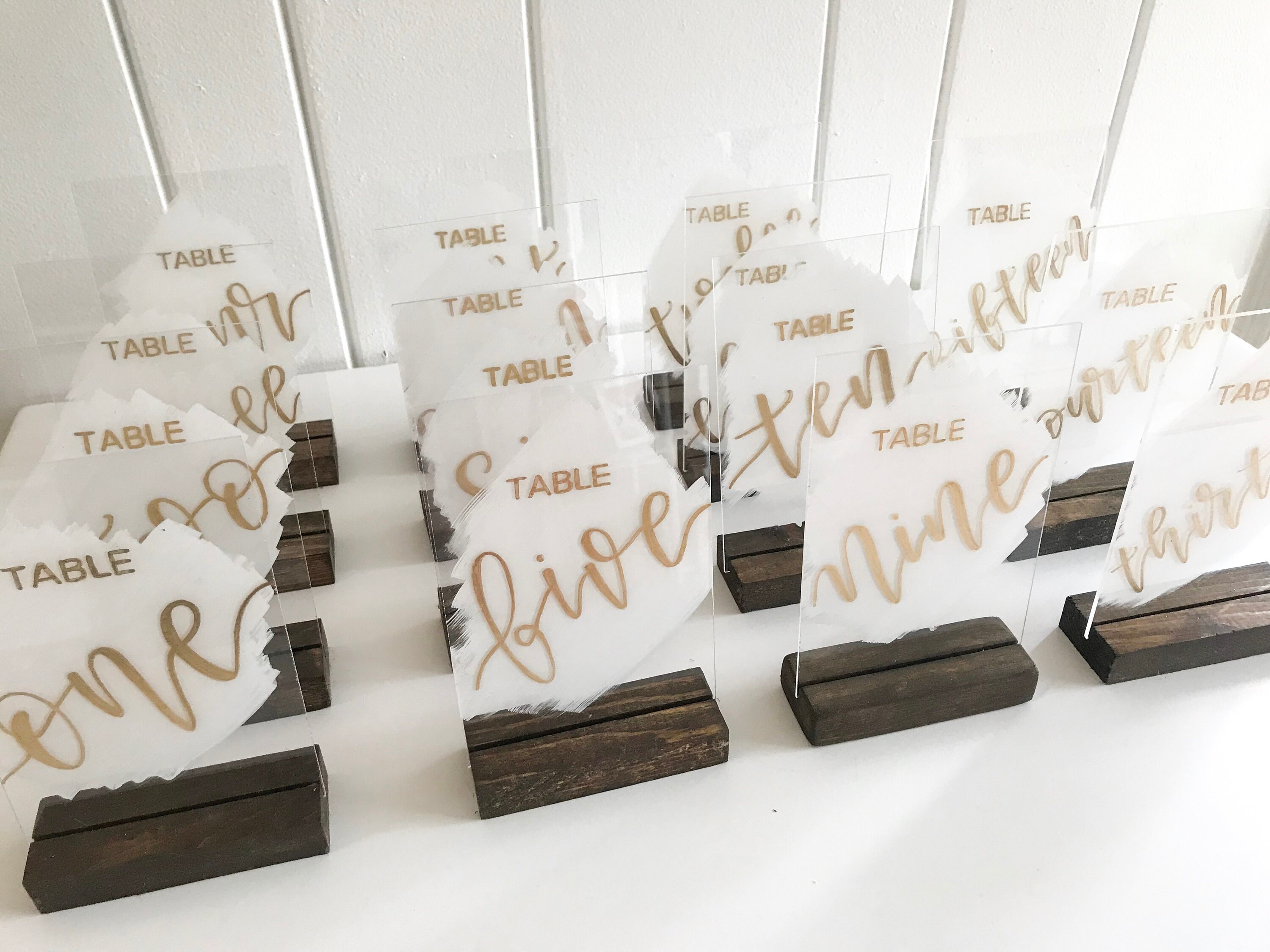 Gold and White Painted Acrylic Table Numbers With Wood Stands | Etsy