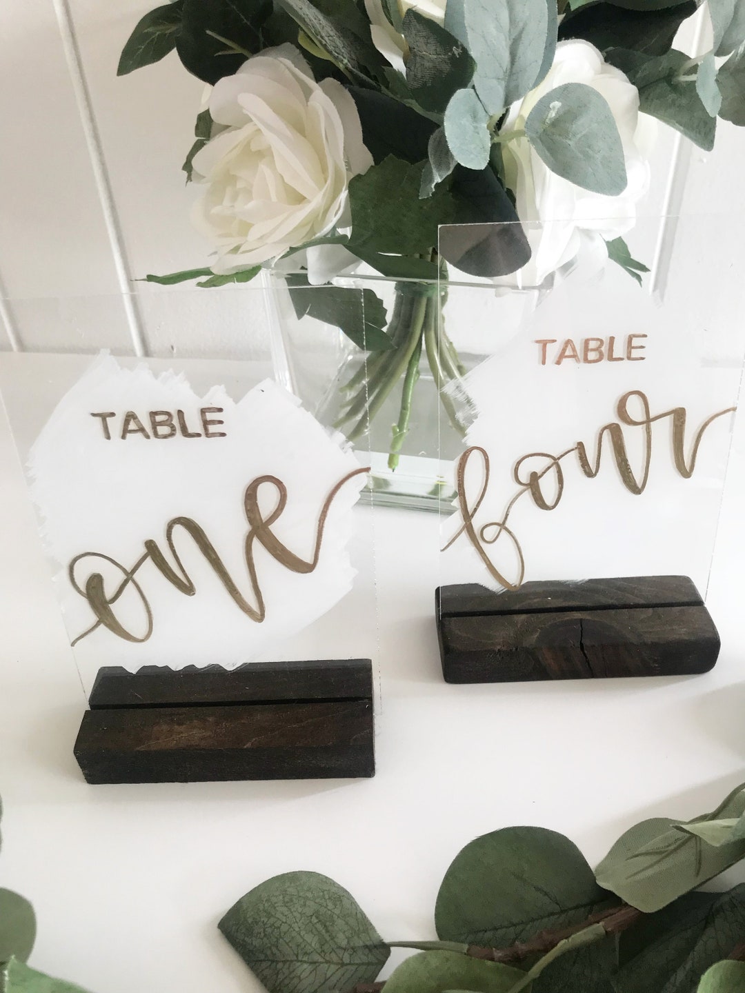 Gold and White Painted Acrylic Table Numbers With Wood Stands Wedding ...