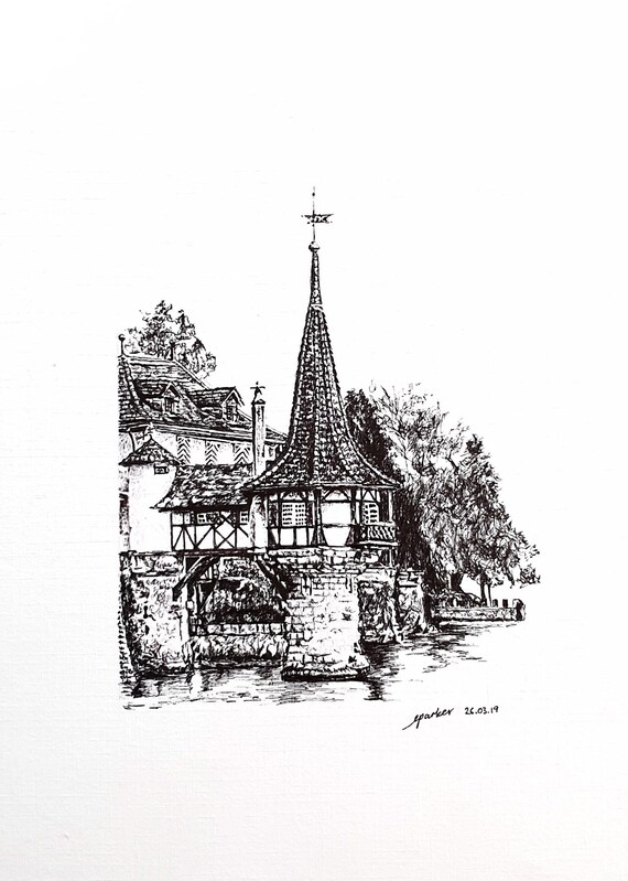 Ink Study Intricate Ink Castle Turret Landscape Framed Drawing 21x29 ...