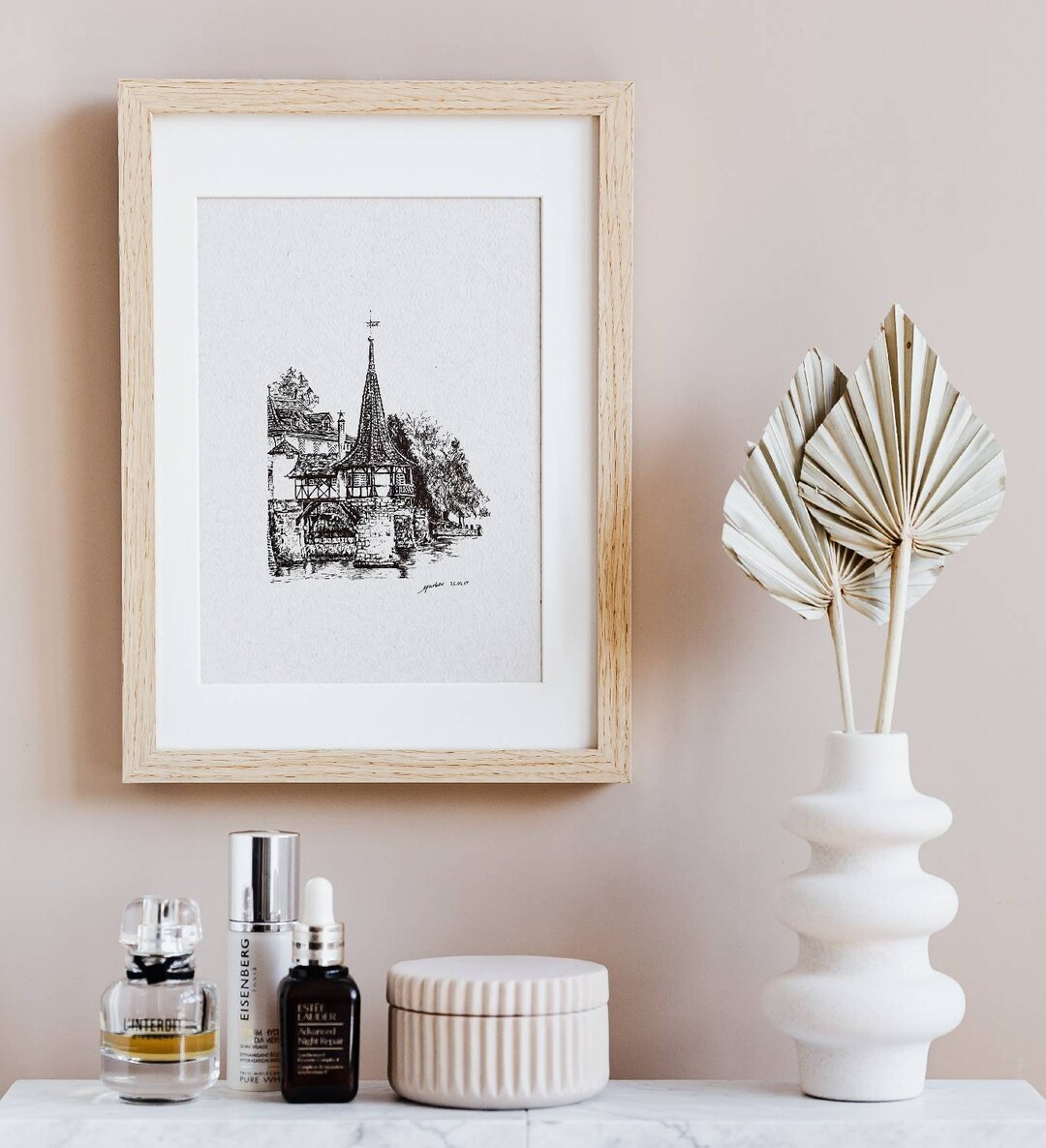 Intricate Ink Castle Turret Landscape Framed Drawing - "ink Study ...