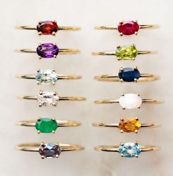 Oval Birthstone Ring 14k Gold Birthstone Stacking Ring - Etsy