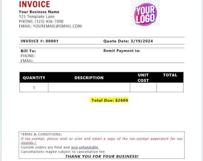 Invoice Template - Editable Small Business Invoice - Invoice Template ...