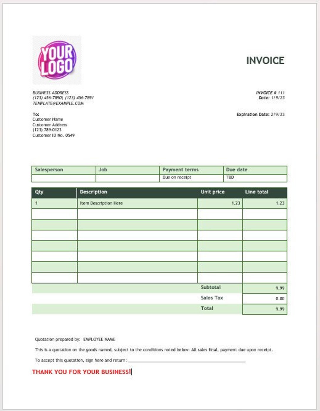 Invoice Template - Editable Small Business Invoice - Invoice Template ...