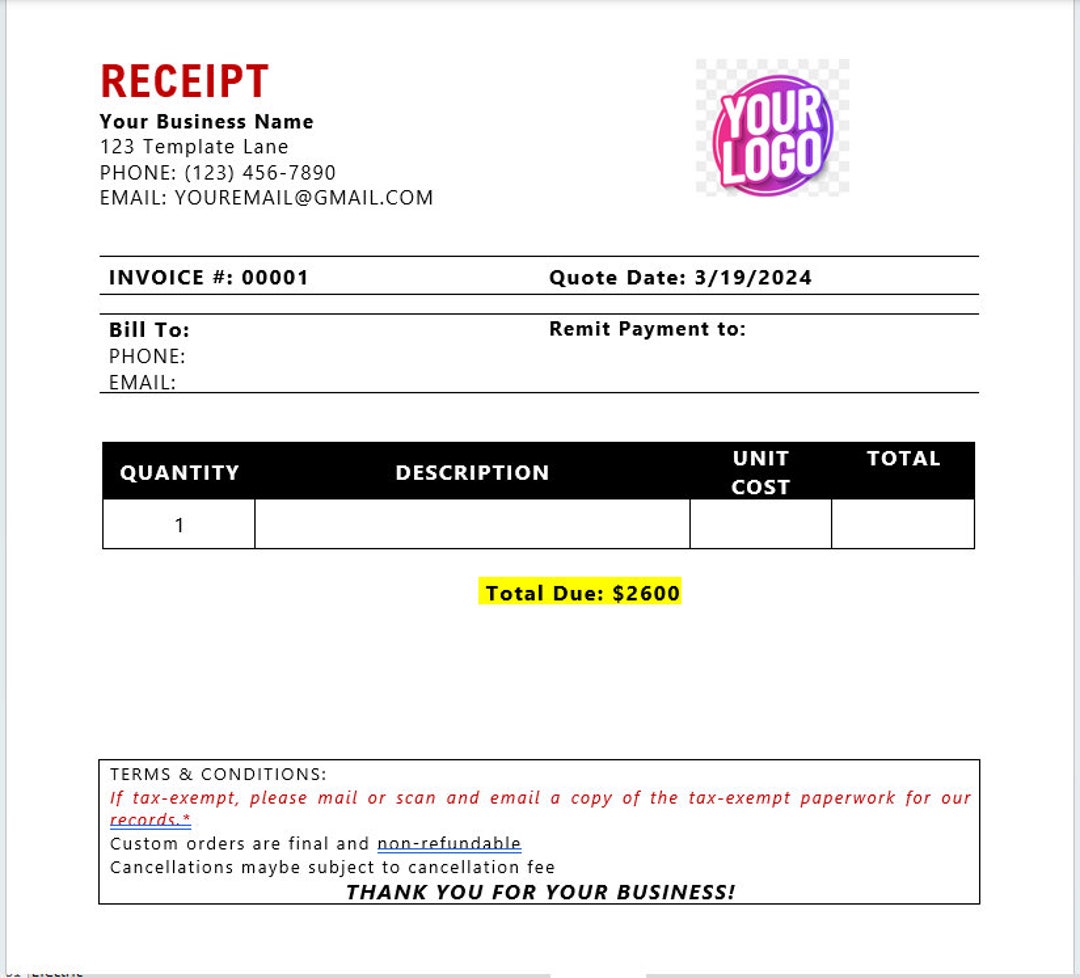 Receipt Template - Ready to Use - Excel Business Metrics - Efficient ...