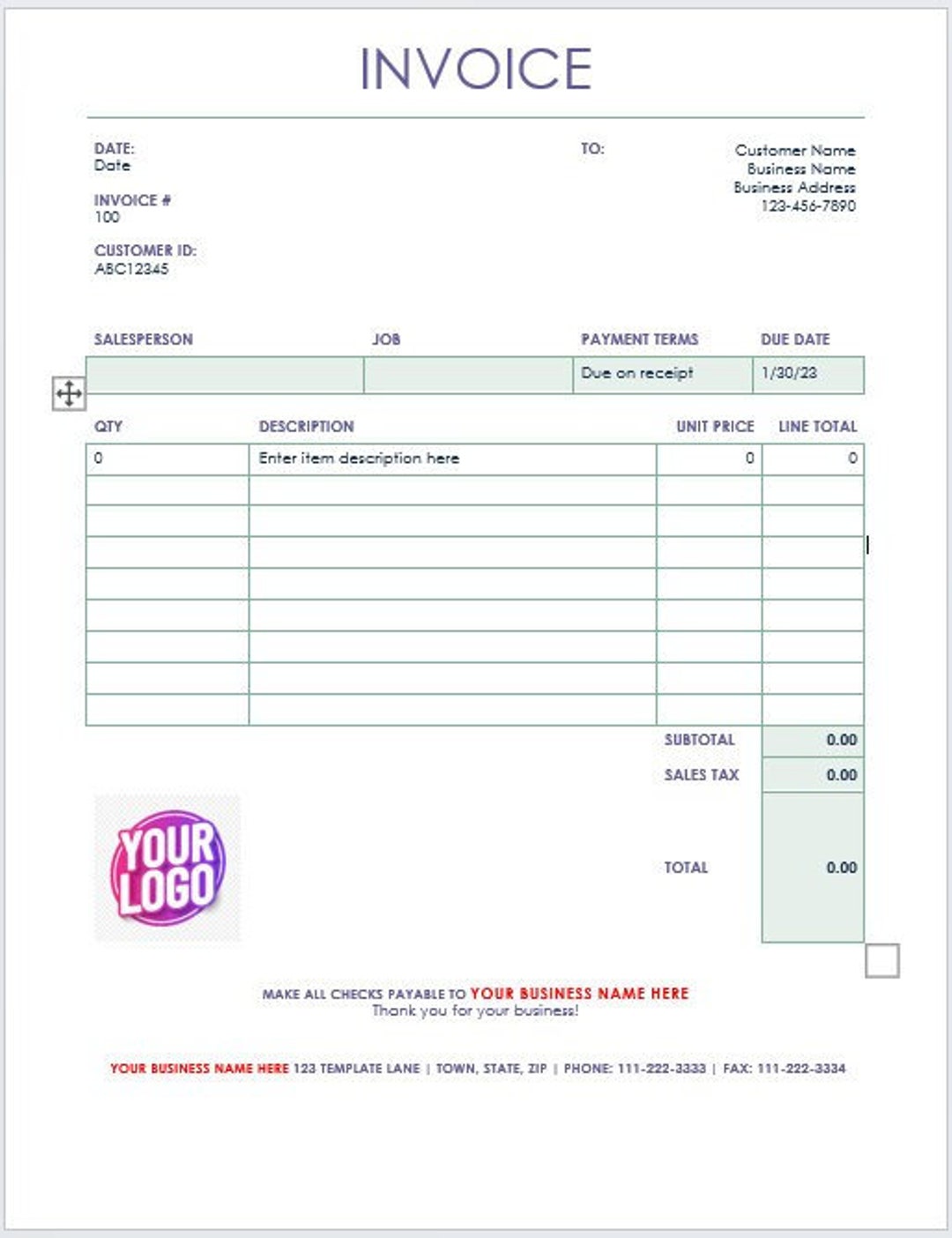 Invoice Template - Editable Small Business Invoice - Invoice Template ...