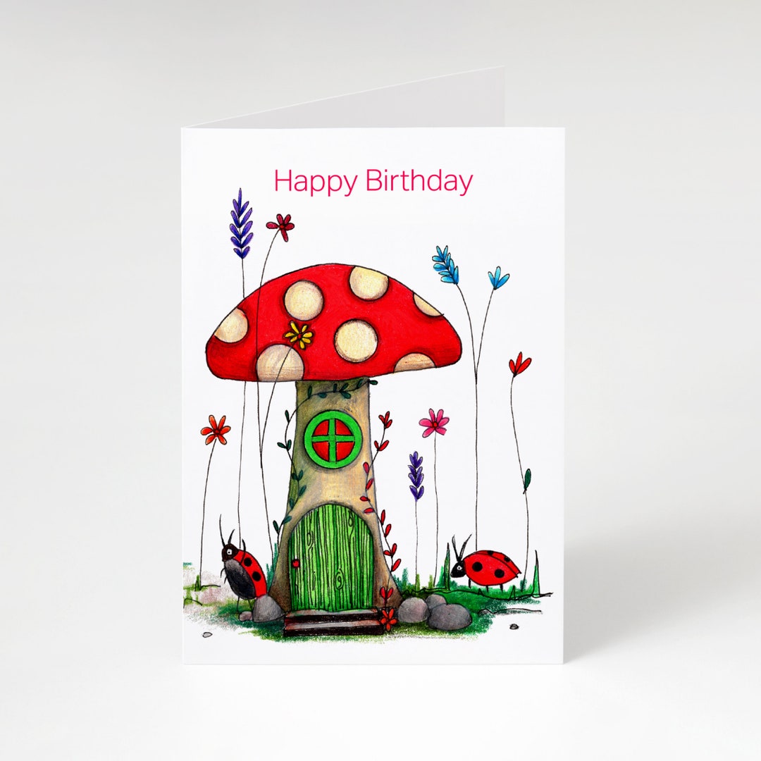 Happy Birthday Card Ladybirds Toadstool Houses Fairytale Happy Birthday ...