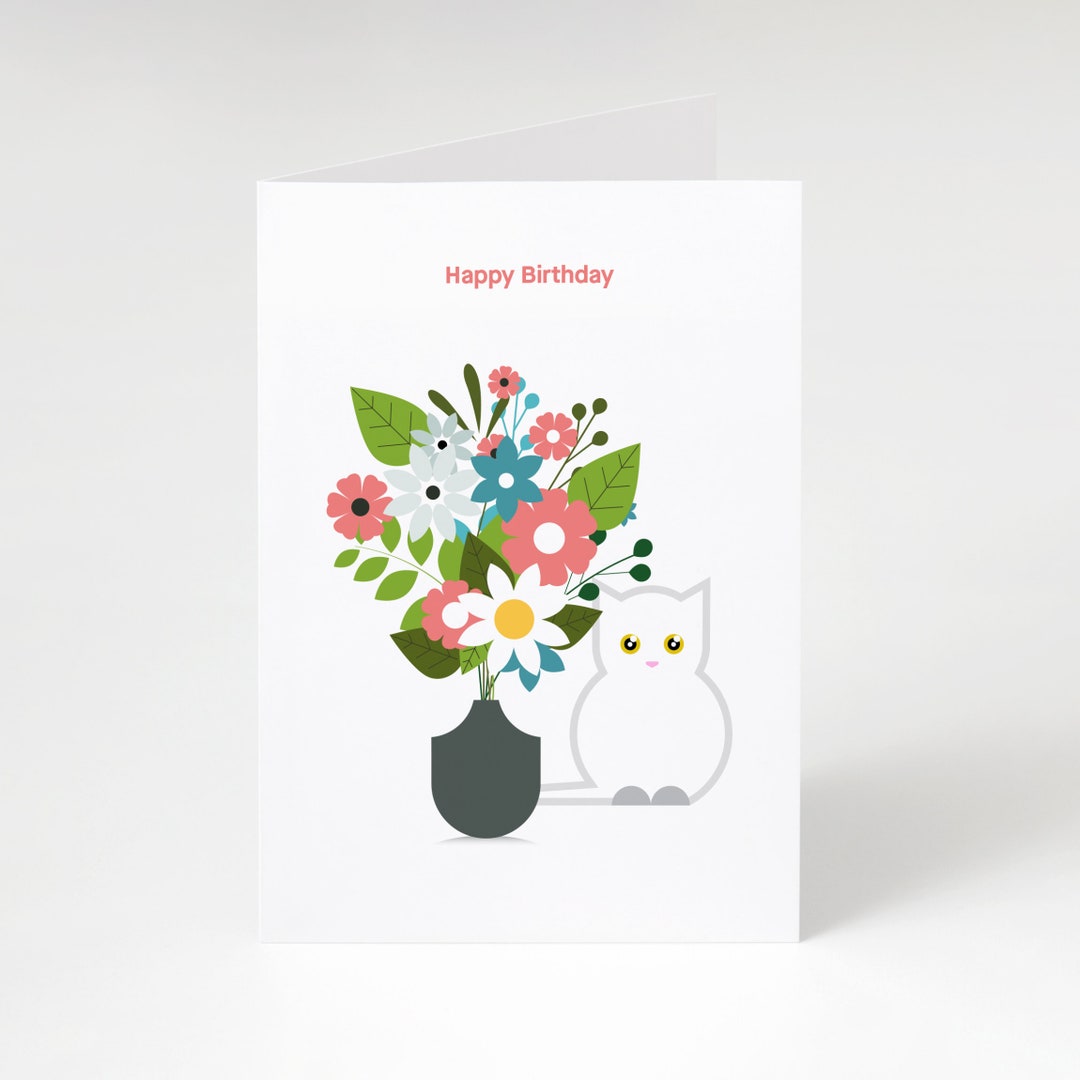 Happy Birthday White Cat With Flowers Happy Mothers Day - Etsy