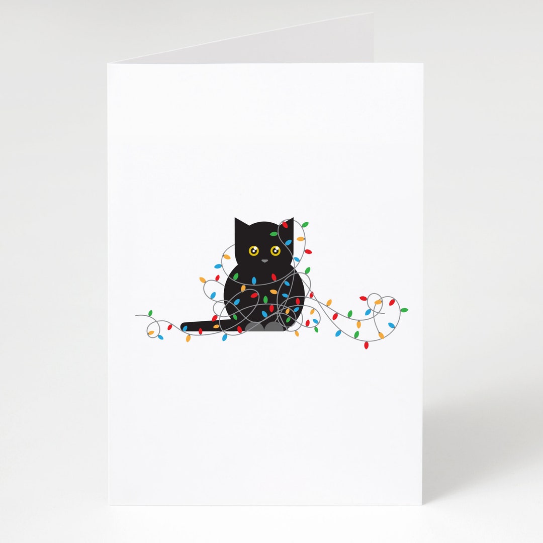 Black Cat Christmas Card: Mischief in Holiday Lights - Etsy