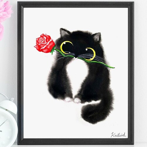 Tuxedo Cat With A Rose Art Print Instant Download Art | Etsy