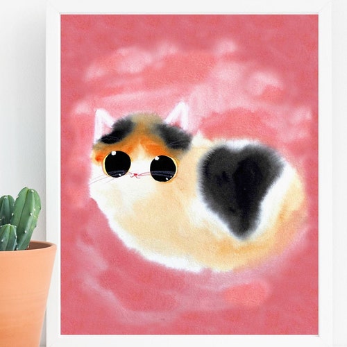 Calico Cat Heart Loaf With Pink Background Art Print Instant - Etsy