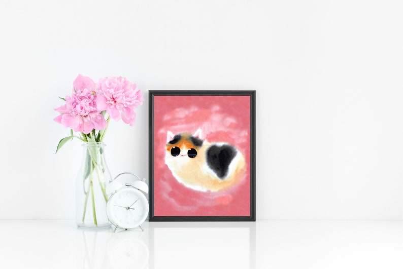 Calico Cat Heart Loaf With Pink Background Art Print, Instant Download ...