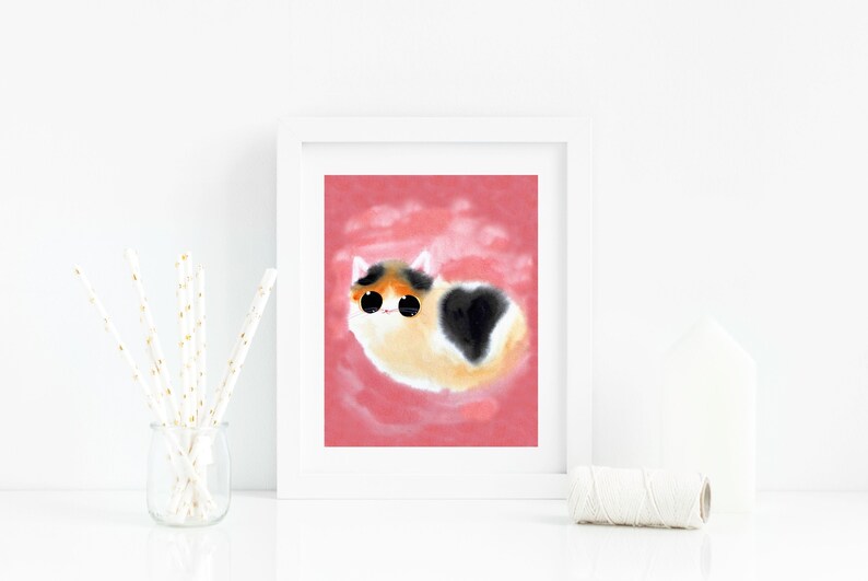 Calico Cat Heart Loaf With Pink Background Art Print, Instant Download ...