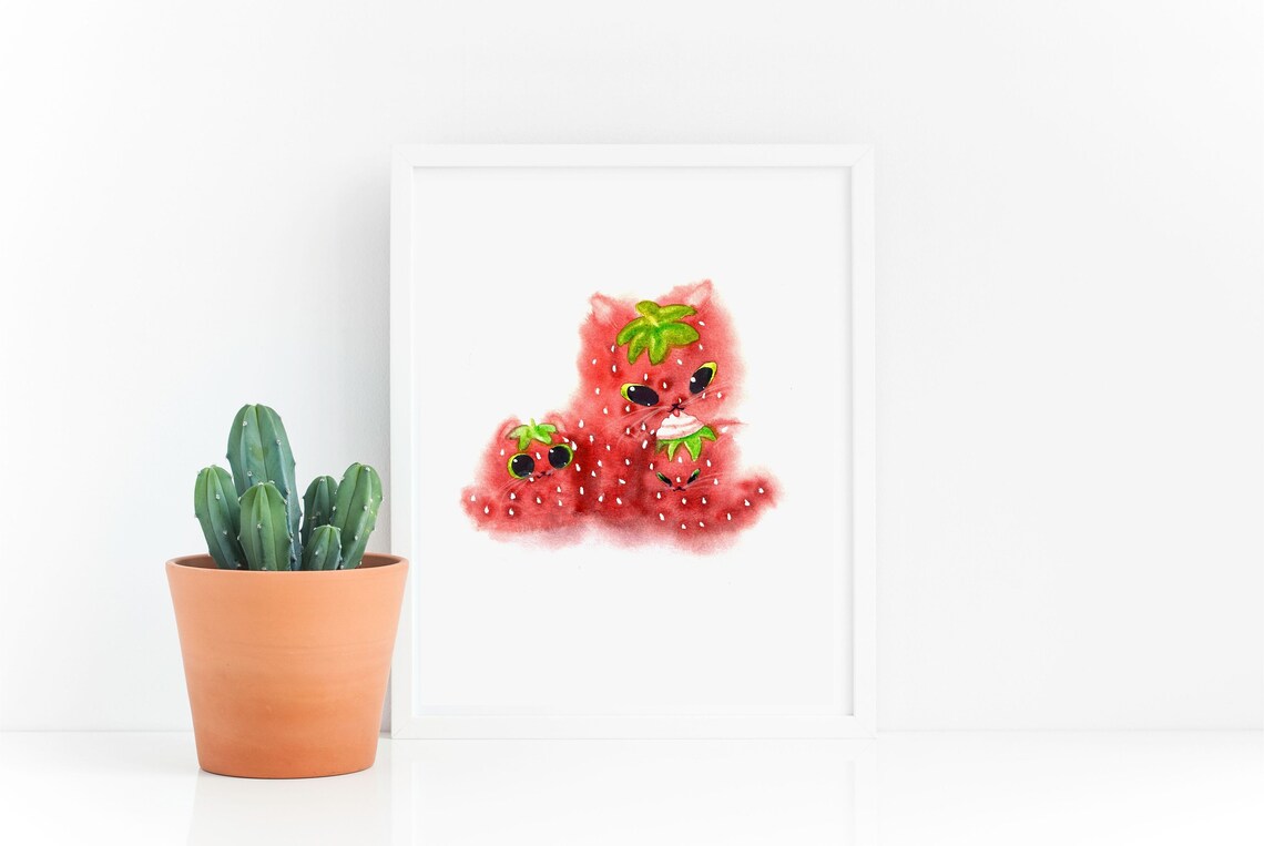 Cat Print Strawberry Kitties Art Print Instant Download Art - Etsy