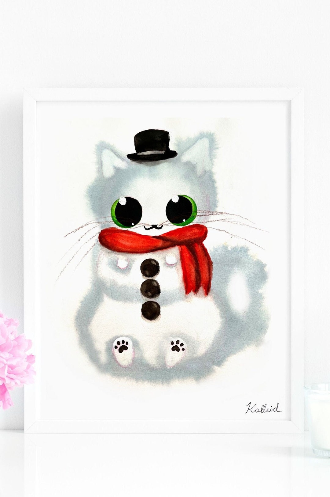 Snowman Cat Art Print, INSTANT DOWNLOAD Art Printable, Holiday Cat ...