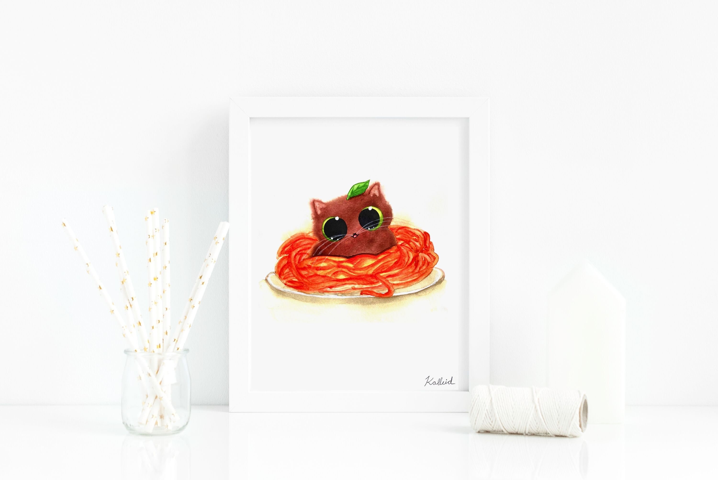 Spaghetti Meatball Cat Art Print INSTANT DOWNLOAD Art - Etsy