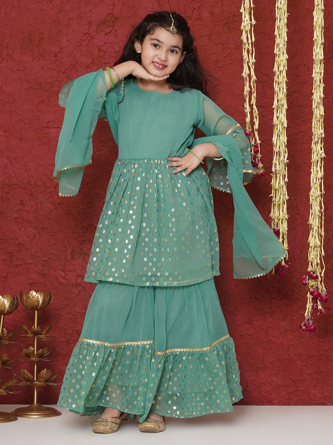 Kids Ethnic Wear Georgette Motif Printed Kurta Sharara Set for Girls ...