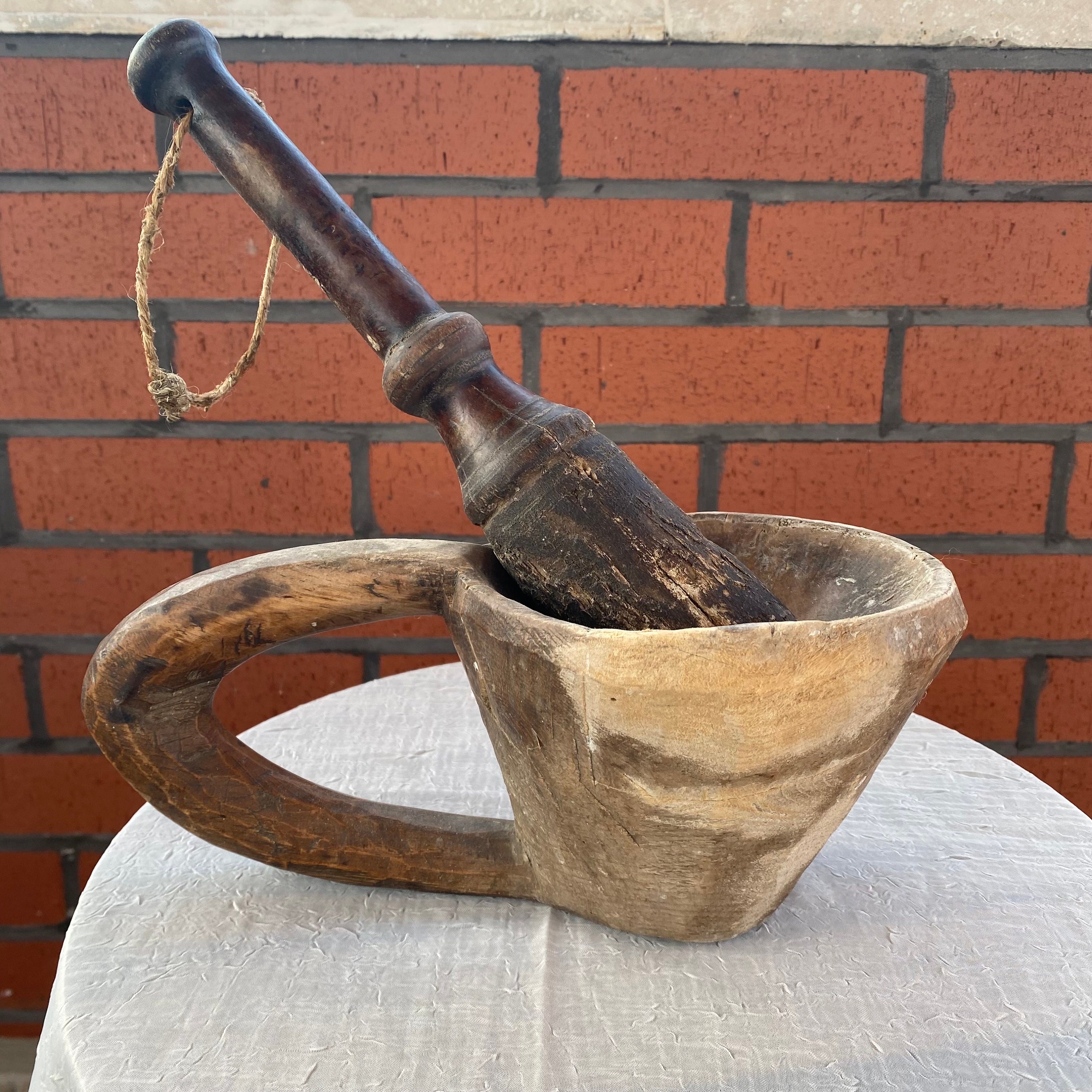 Antique Primitive Wooden Mortar and Pestle, Large Heavy Solid Mortar, Vintage Kitchen Decor ...