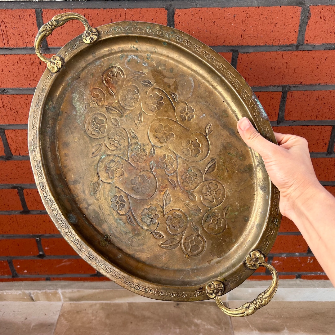 Antique Primitive Hand Etched Oval Brass Serving Tray, Rustic ...