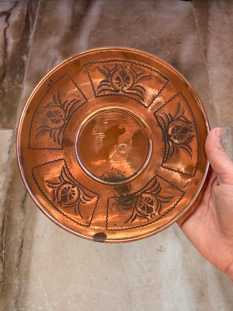 Antique Primitive Hand Etched Copper Plate, Rustic Countryside Decor, Vintage Aegean and ...