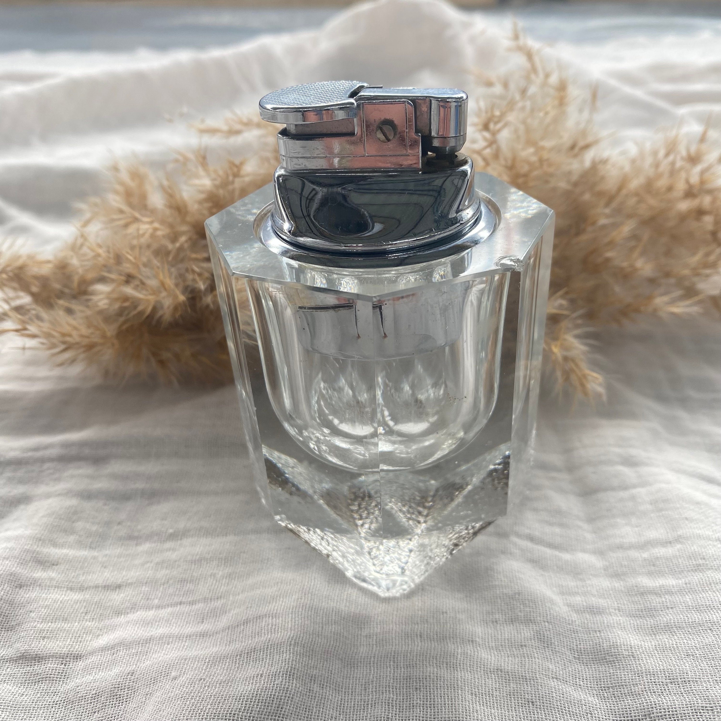 1970s Vintage Glass Desk Lighter, Crystal Glass Table Lighter, Retro ...