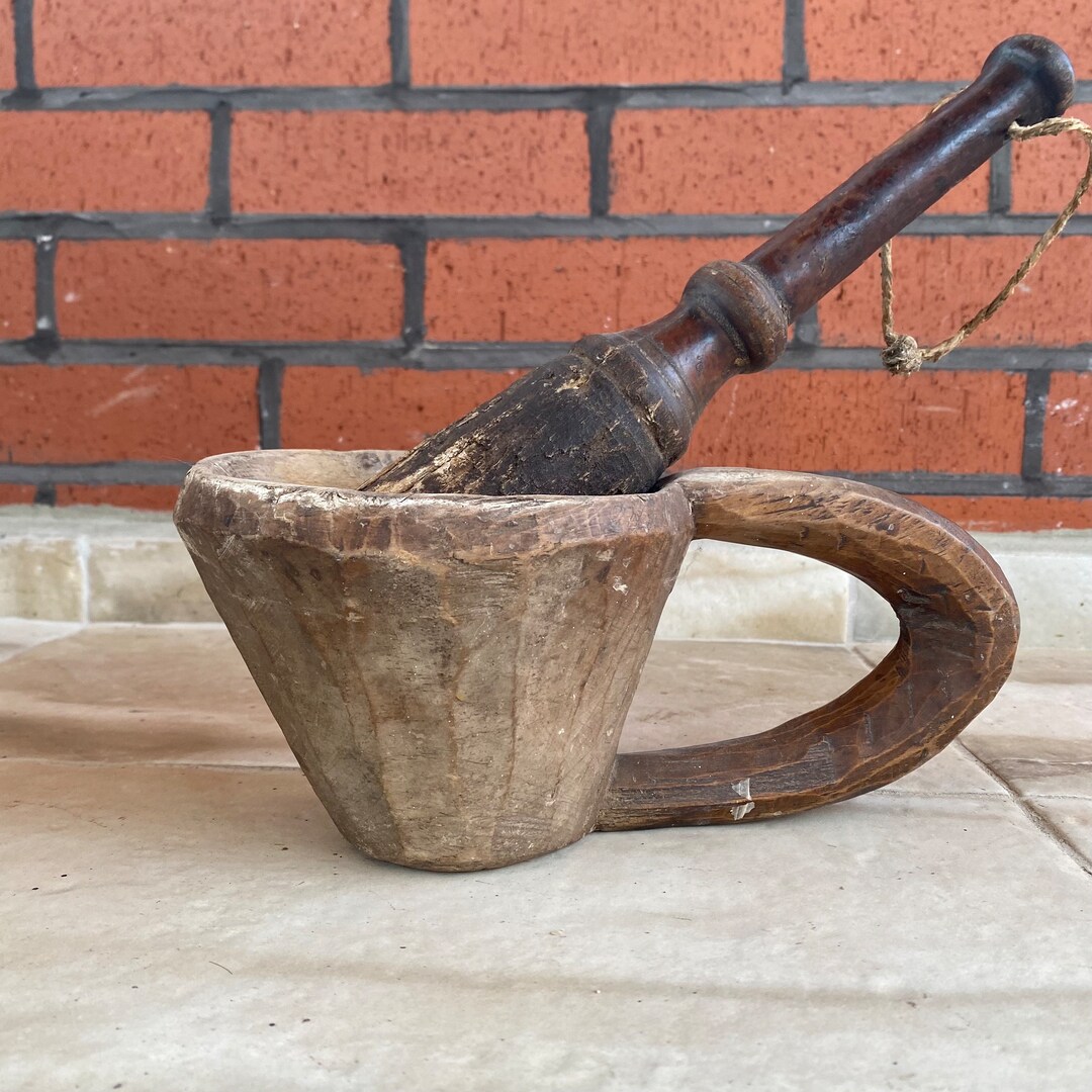 Antique Primitive Wooden Mortar and Pestle, Large Heavy Solid Mortar, Vintage Kitchen Decor ...