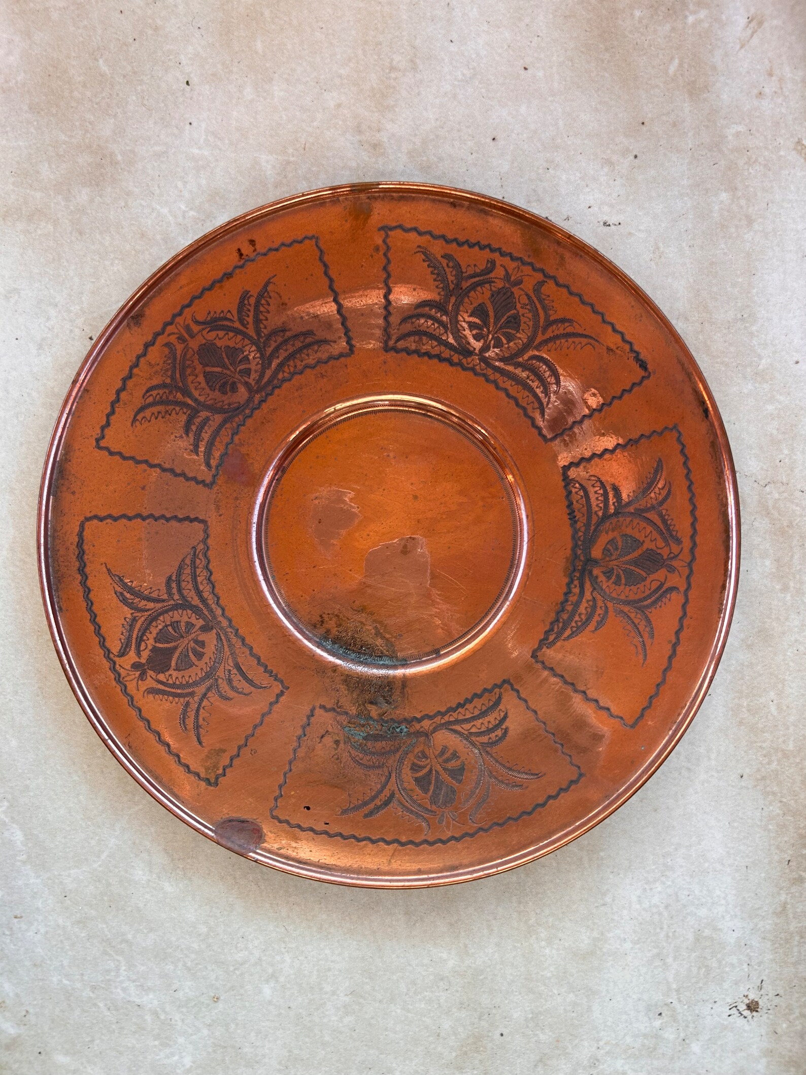 Antique Primitive Hand Etched Copper Plate, Rustic Countryside Decor, Vintage Aegean and ...