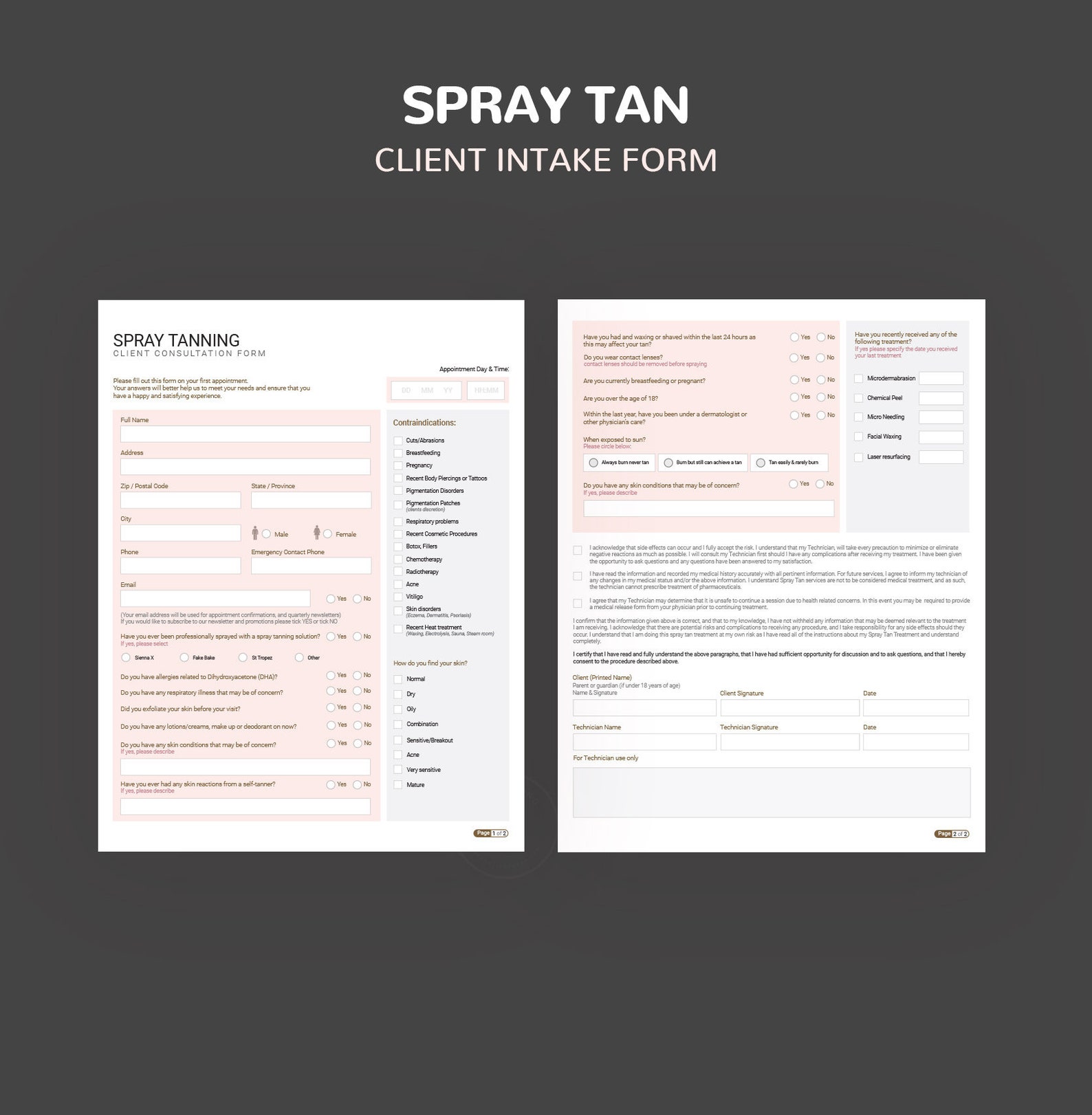 Spray Tan Consultation Forms, Pre & Post Care Instructions, Client ...